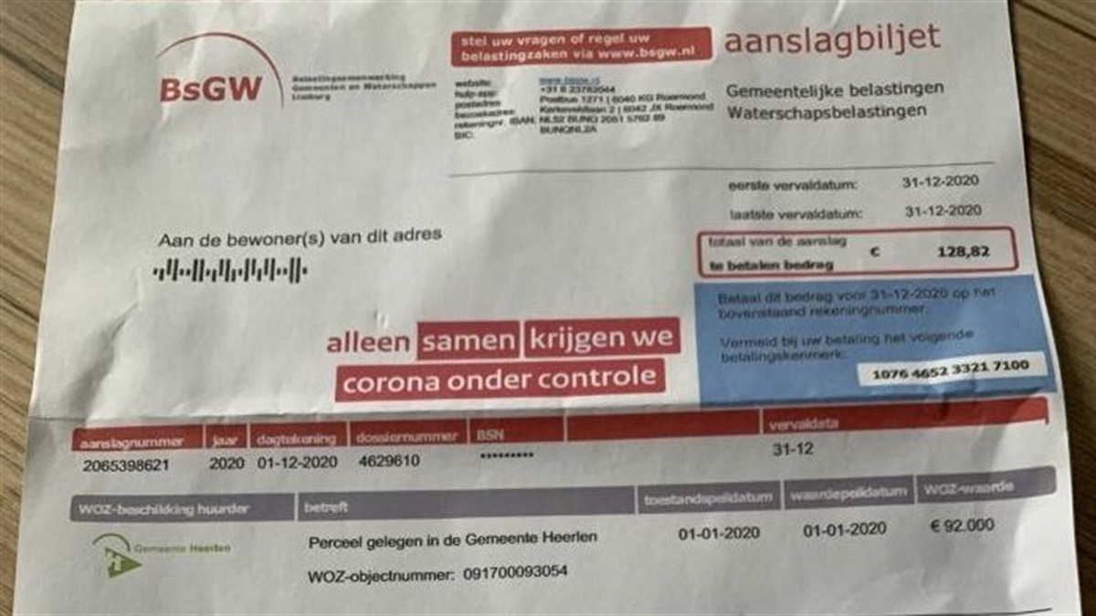 OPGELET: Vals aanslagbiljet BsGW in omloop - Waterschap Limburg